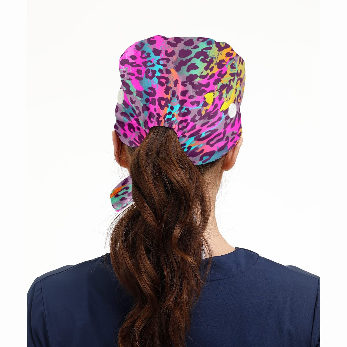 Rosy Watercolor Leopard Print Working Caps with Upgrade Sweatband Adjustable Bouffant Hats Working Cap with Button Unisex Head Cover