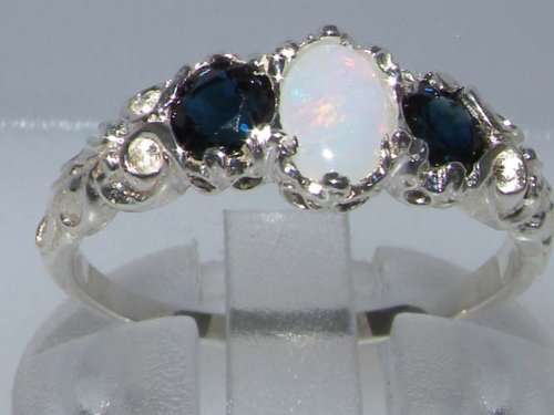 LetsBuyGold 925 Sterling Silver Natural Opal and Sapphire Womens Promise Ring - Size 9.5