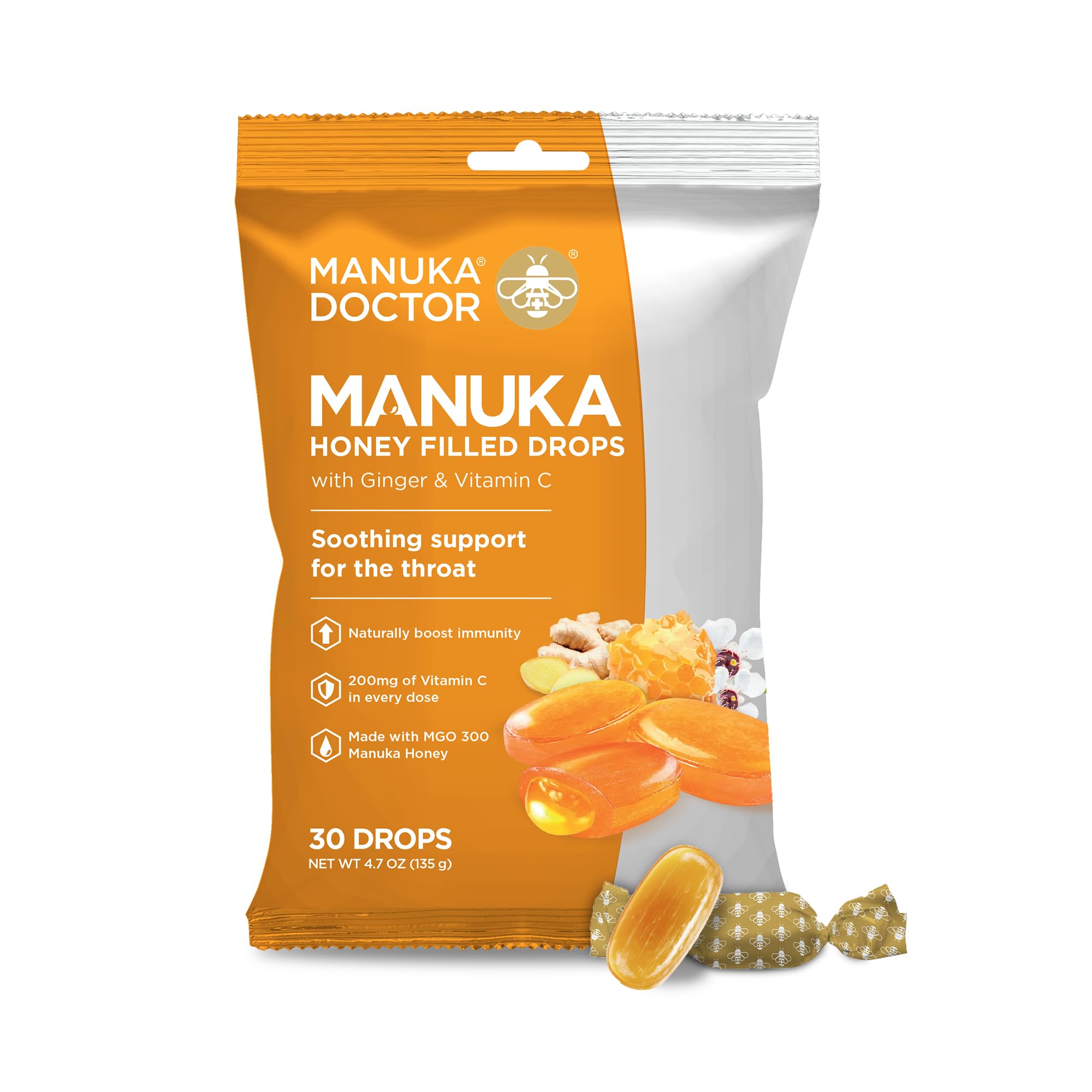 Manuka Doctor Cough Drops, Manuka Middles, 30 Count Honey Filled Lozenges with Vitamin C and Ginger to Help Support the Immune System, Soothing for Dry, Sore Throat, 4.7 oz
