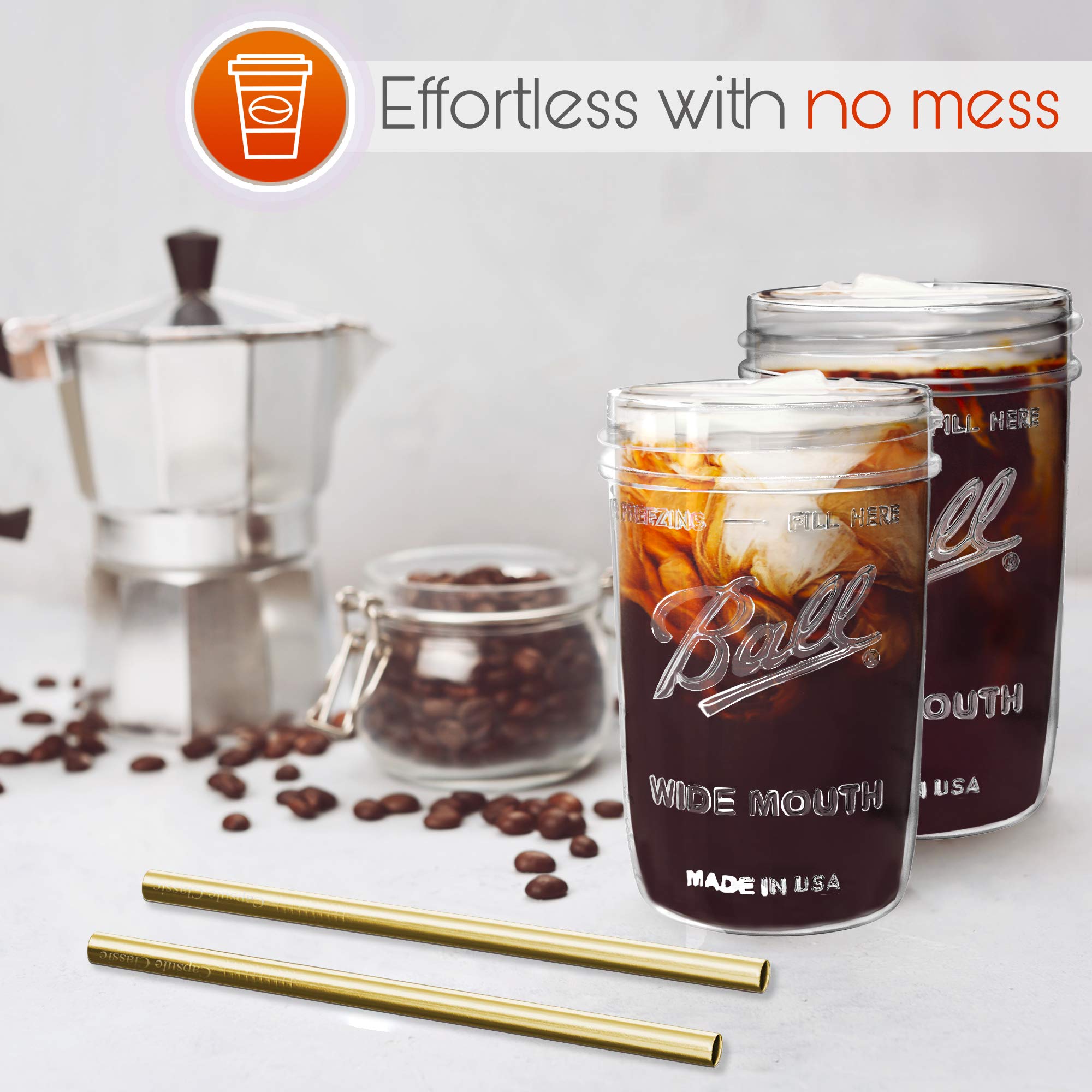 Reusable Boba Bubble Tea & Smoothie Cups - 2 Glass Wide Mouth 16oz Mason Jars with Bamboo Lids - 2 Reusable Gold Stainless Steel Boba Straws