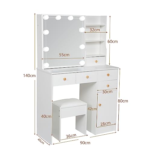 Large Vanity Desk Set with Sliding Mirror and 10 LED Bulbs, 3 Lighting Modes Makeup Table with 5 Drawers, 6 Shelves and Cabinets, White Dressing Table for Bedroom