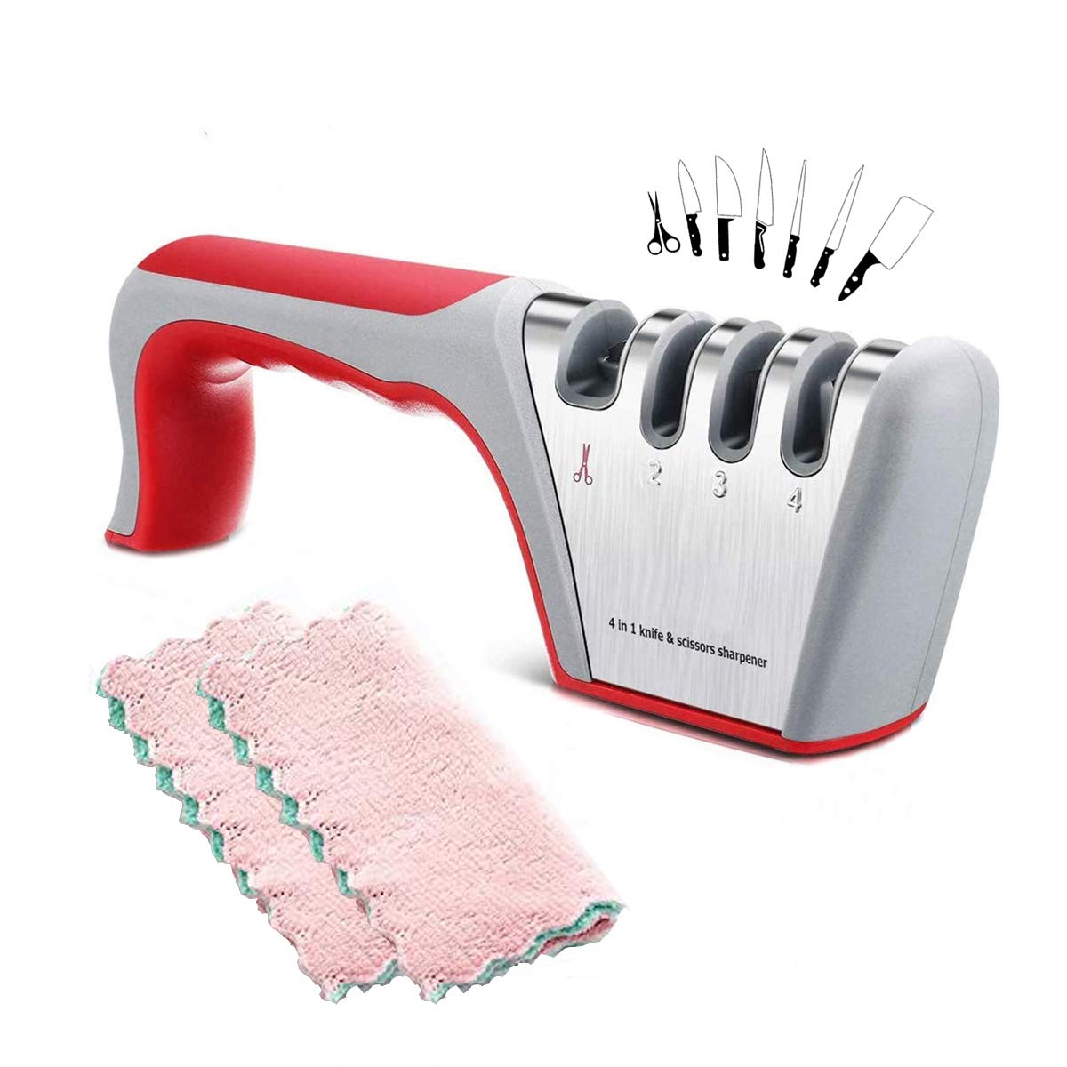 Kisstop 4 in 1 Knife Sharpener,4-Stage Kitchen Knife Sharpeners with the Diamond, Ceramic, and Tungsten Steel Rod(Red)