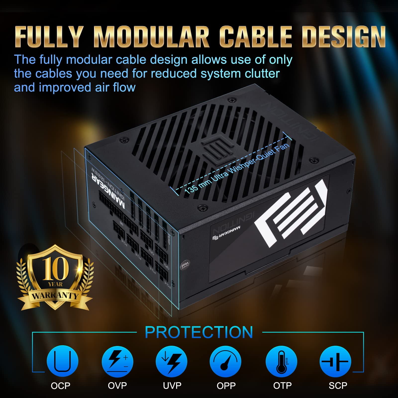 MAINGEAR Ignition Fully Modular Power Supply PC, 1000W, 80 Plus Platinum Certified, SLI Crossfire Ready, FSP1000-50AJB, 10 Year Warrenty
