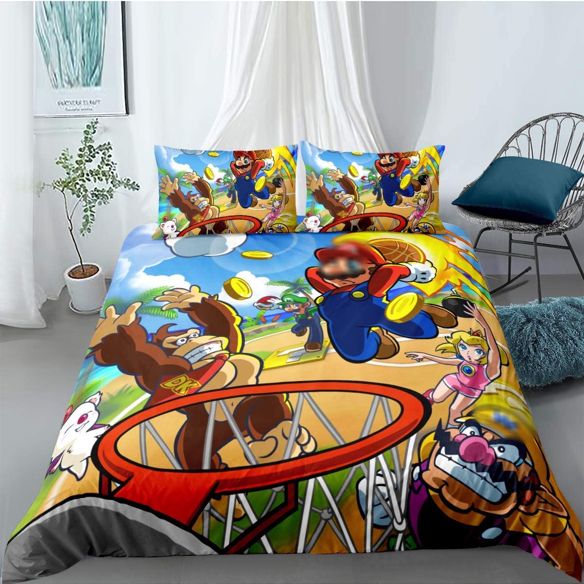 LARIAU Cartoon Duvet Cover,Game Characters Super Bros 3D Print Bedding Twin 3 Piece Sets for Kids Boys, Lightweight Soft Microfiber Quilt Set with Matching Pillowcase Ma2