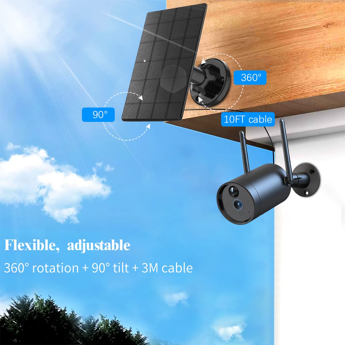 WEILAILIFE Solar Panel for Security Camera, Rechargeable Battery Powered Camera Solar Panel, 5V 3.6W IP 66 Waterproof Solar Panels for Cameras, 10ft Micro USB Cable & 4 Inch Type-C Adapter