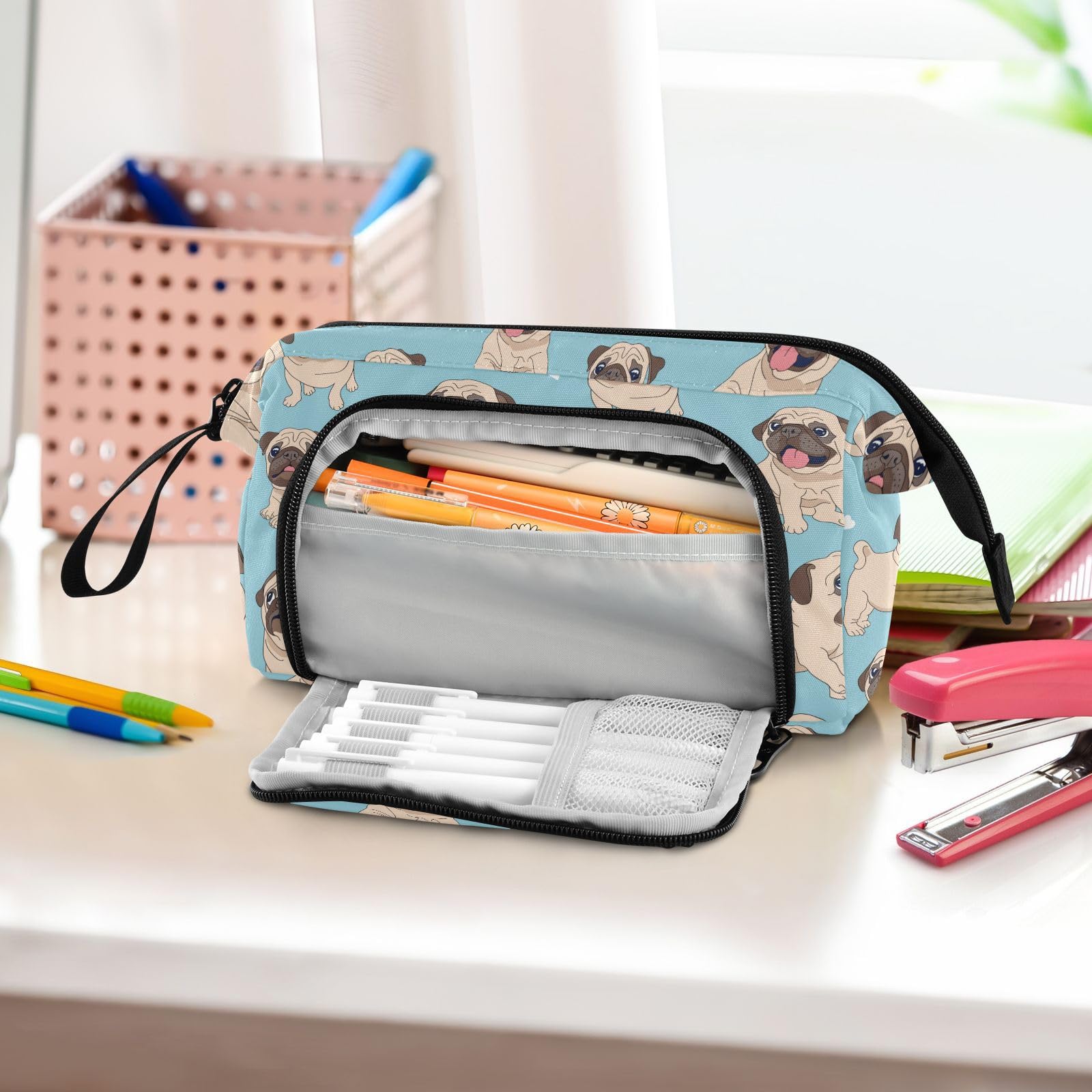 YMGQYJ Large Capacity Pencil Case Funny Cartoon Pugs Puppies Pattern, Stationery Organizer Pencil Pouch Bag for Office Travel 1 Pack 9.4x3.7x5.9 in