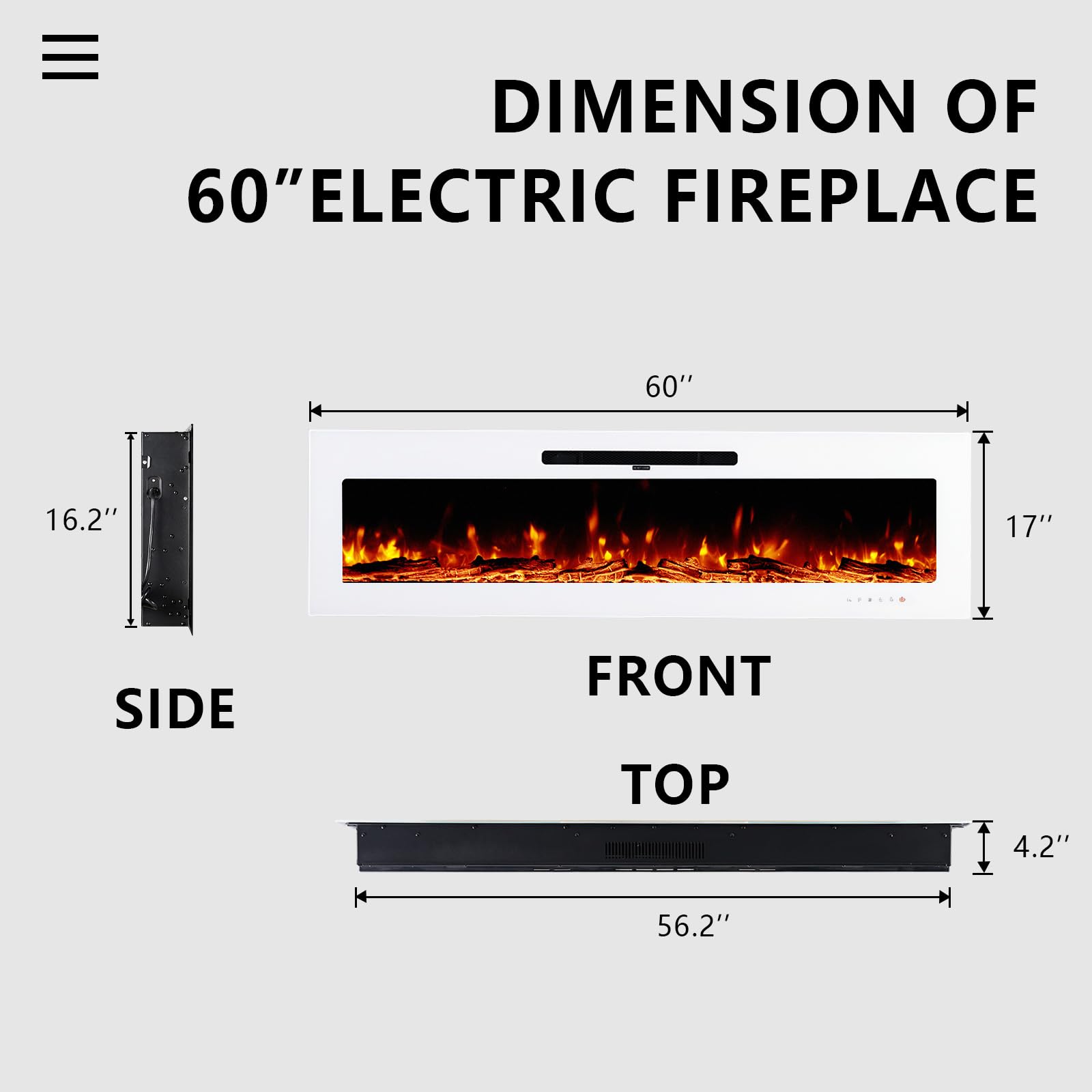 LUXOAK 60" Recessed and Wall Mounted Electric Fireplace with Adjustable Flame Brightness, Mirrored Fireplace Freestanding with Legs, Remote Control & Touch Screen, Low Noise, White