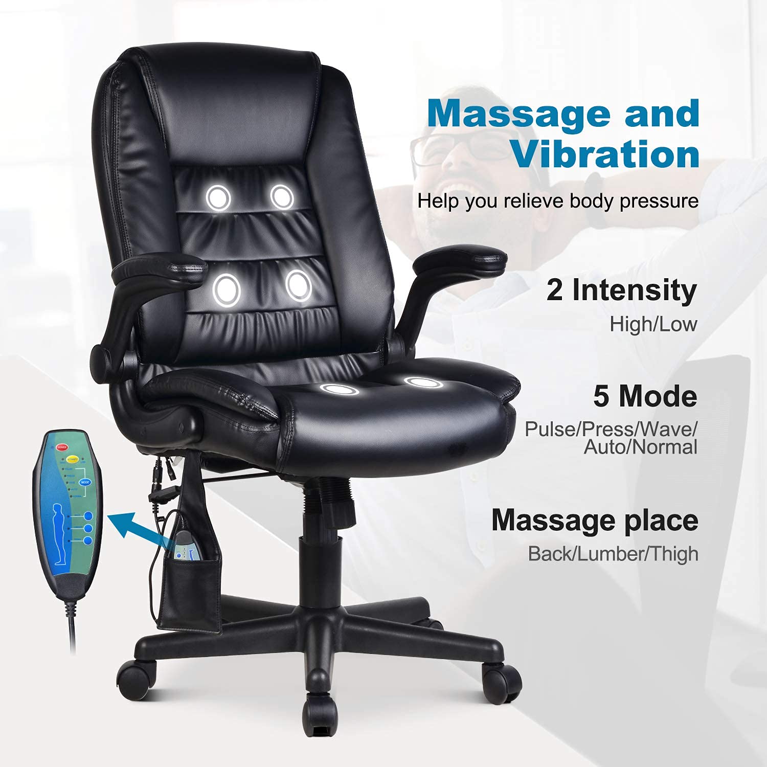 LENTIA Massage Office Chair High Back Executive Chair Ergonomic Leather Computer Desk Chair with 6 Vibrating Point, Black (27.16" W × 28.34" D × 41.73-45.74" H)