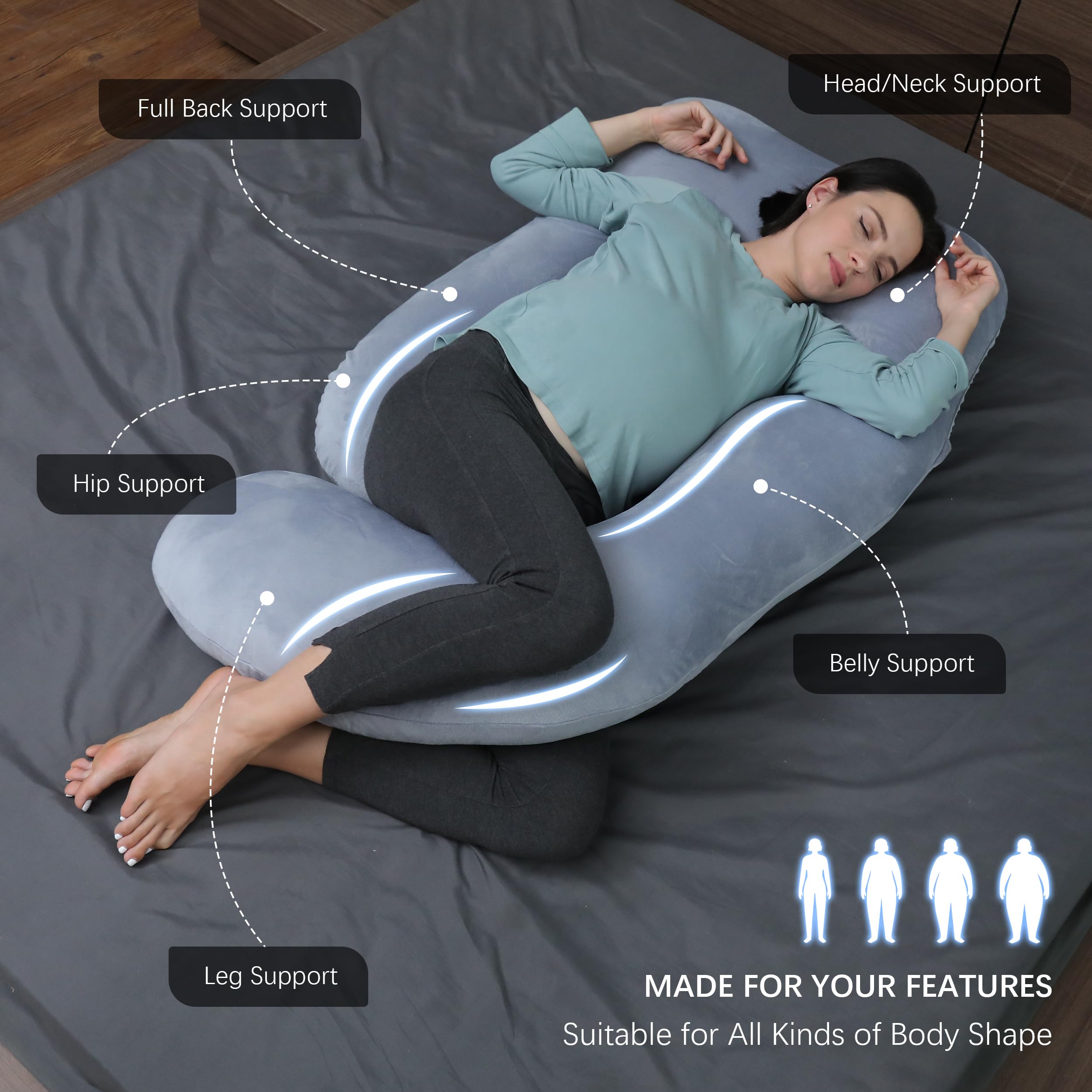 MOON PARK Pregnancy Pillows for Sleeping - U Shaped Full Body Maternity Pillow with Removable Cover - Support for Back, Legs, Belly, HIPS - Grey