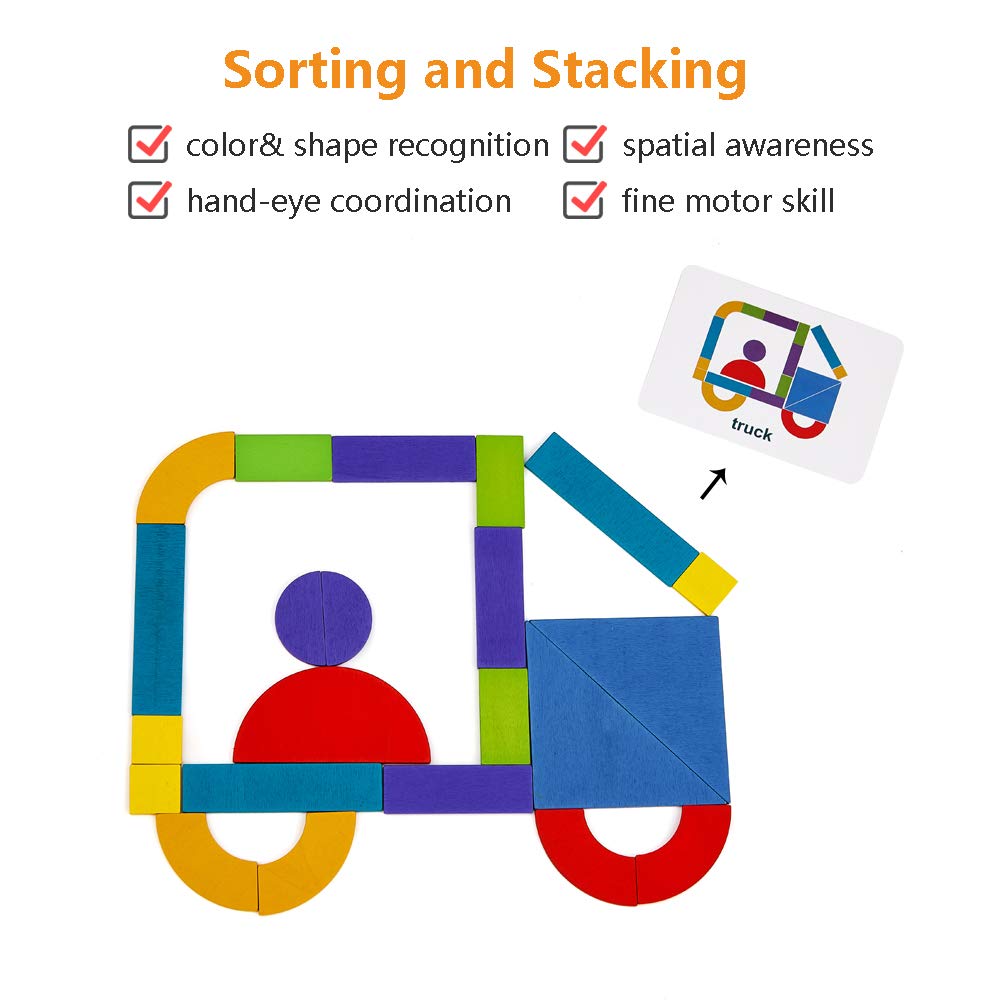LiKee Wooden Pattern Blocks (36 Shape Pieces& 60 Cards)