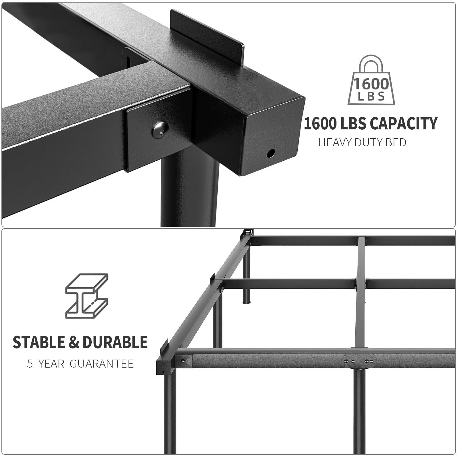 JOM Metal Bed Frame Full Size - 14 Inch Rails Bedframe for Box Spring and Mattress Simple Required Double Base Black