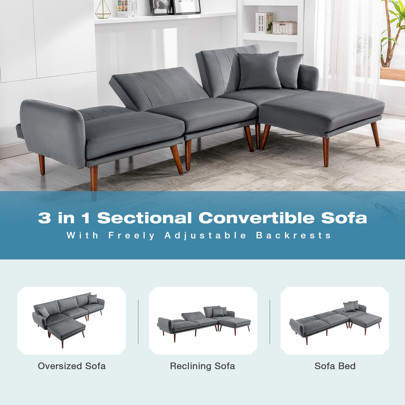 JOMEED 105" Velvet Sectional Sofa Couch for Living Room with Chaise, Modern Convertible L-Shaped Couch Sofa Bed with Adjustable Backrest