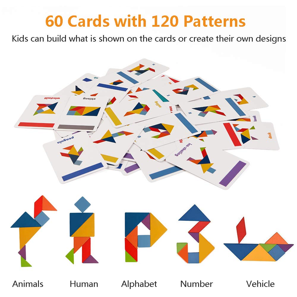 LiKee Wooden Pattern Blocks (7 Pieces and 60 Cards)