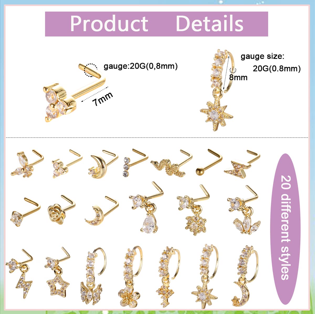 SAMOCO 20Pcs 20G Dangle Nose Ring L Shaped Dangling Stud for Women, CZ Flower Stainless Steel Studs Hoops Nose Piercing Jewelry(Gold)