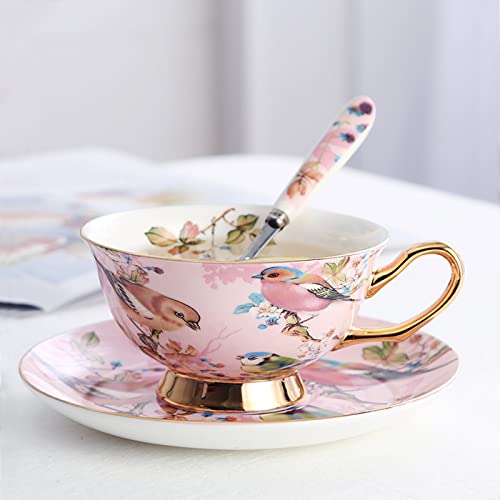 Pfedxoon Pink Bird Tea Cup with Saucer Spoon 3 Piece Set(7oz) Cappuccino Cups, Coffee Cups, Tea Cup Set, British Coffee Cups, Porcelain Tea Set, Latte Cups, Mother's Day Gift
