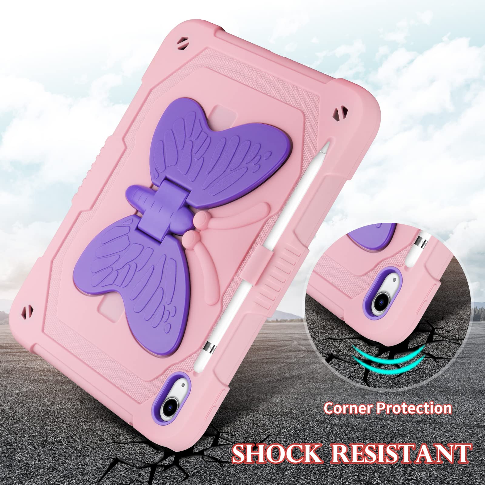 WESADN for iPad 10th Generation Case 2022 with Butterfly Kickstand/Screen Protector/Lanyard/Keychain Case with Pencil Holder for Girls Tablet Cover for iPad 10th Gen 10.9'' Rainbow Pink