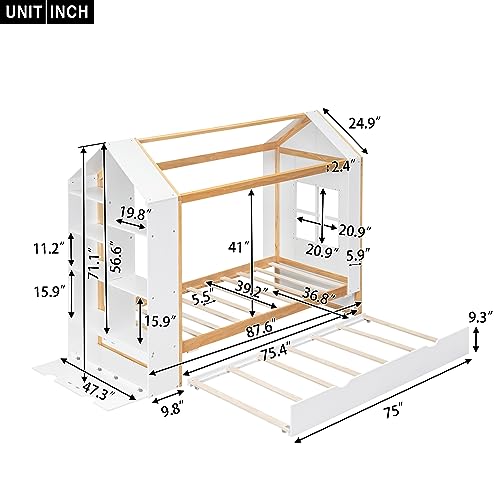 LAVHOME Twin Size House Platform Bed with Storage Shelves and Twin Size Trundle,Solid Wood Twin Bed Frame Box Spring Not Required,White