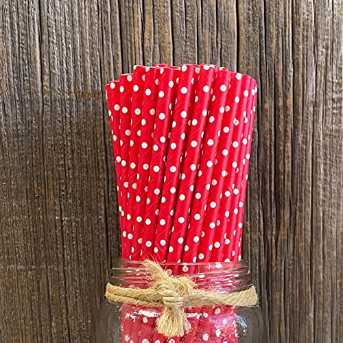 Red and White Paper Straws - Polka Dot Straws - 7.75 Inches - 50 Pack