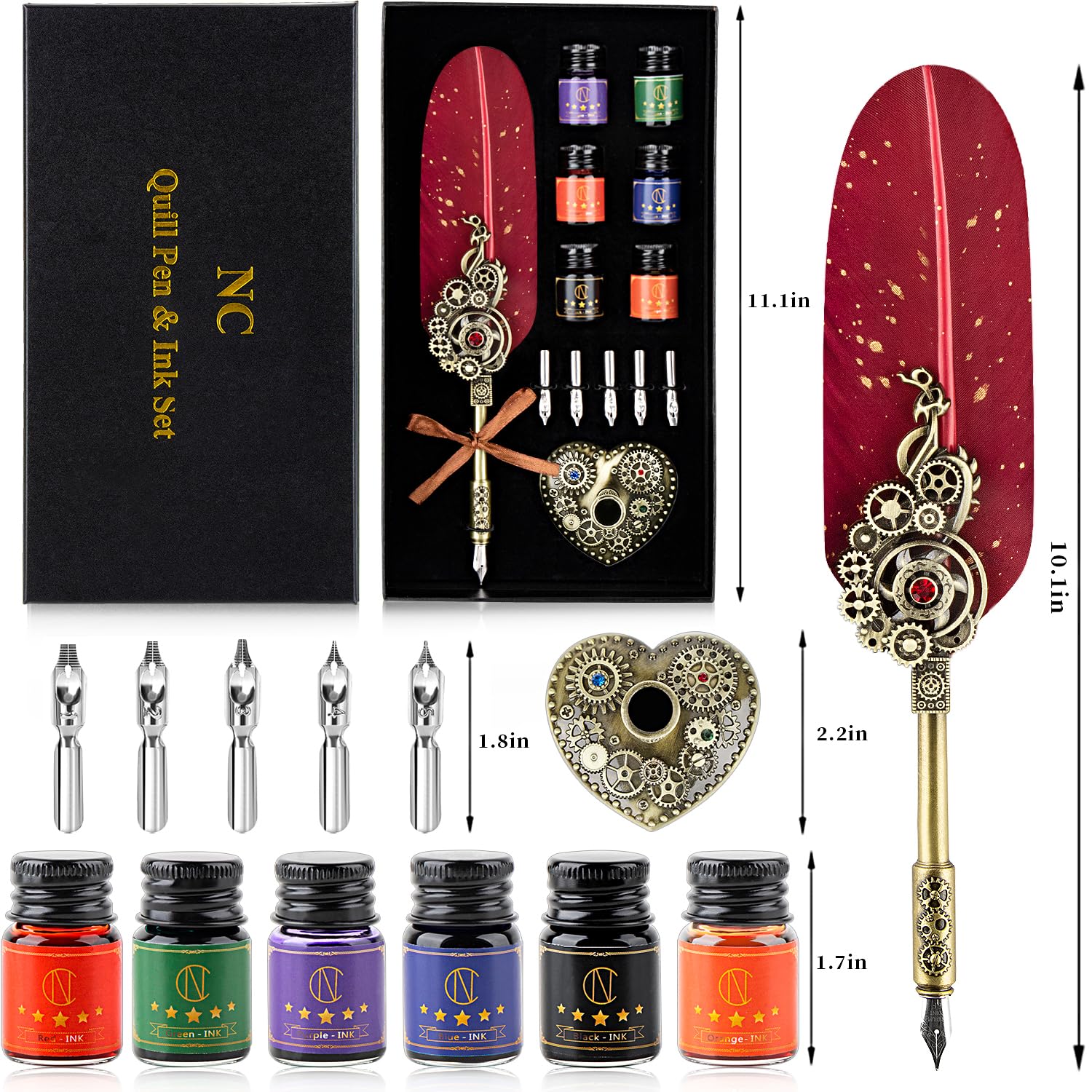 NC Quill Pen and Ink Set, Includes Quill Pen and 6 Bottles Color Ink, 5 Replaceable Nibs, Pen Holder, Christmas gifts,Valentine’s Day Gift,Birthday Gift, Calligraphy Set Holiday Ideal Gift.(Red)