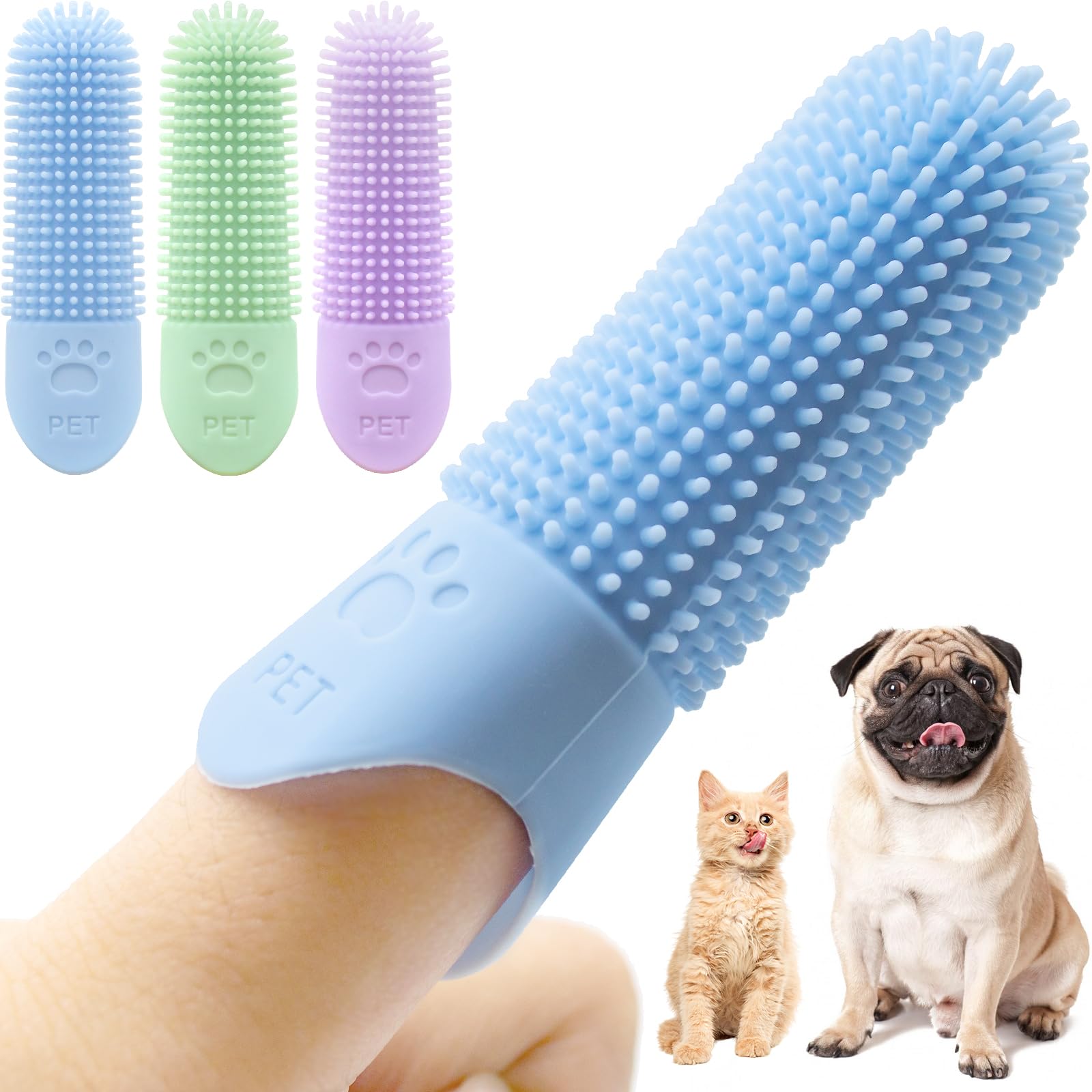 Wellavich Dog Finger Toothbrush, 3Pack Dog and Cat Dental Care Pet Toothbrush, 360° Bristles Clean Teeth, Upgraded Full-Length Bristles, Food Grade Silicone, Finger Toothbrush Kit for Pet Dental Care
