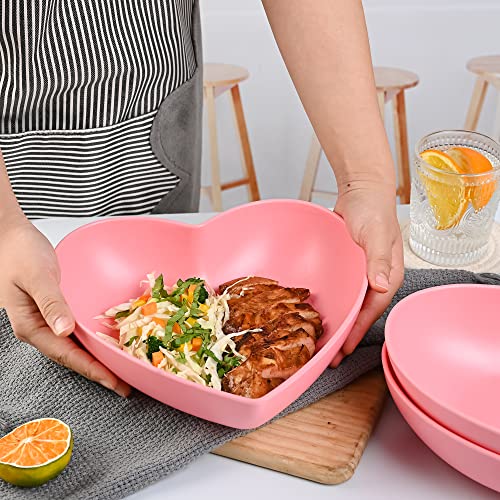 XUEJUN Bamboo Fiber Big Heart-shaped Bowls pink Deep Heart Plates Salad Bowl/Fruit Bowl for Desserts/Pasta/Dinner, 9.7inch