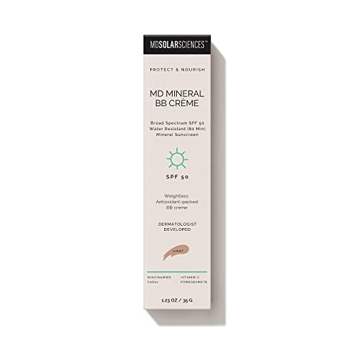 MDSolarSciences MD Mineral BB Crème SPF 50 – Beauty Balm Sunscreen for Face - Vegan Broad Spectrum UV Protection – Blendable Tinted Cream – Smooth, Natural Matte Finish, Light, 1.23 Oz