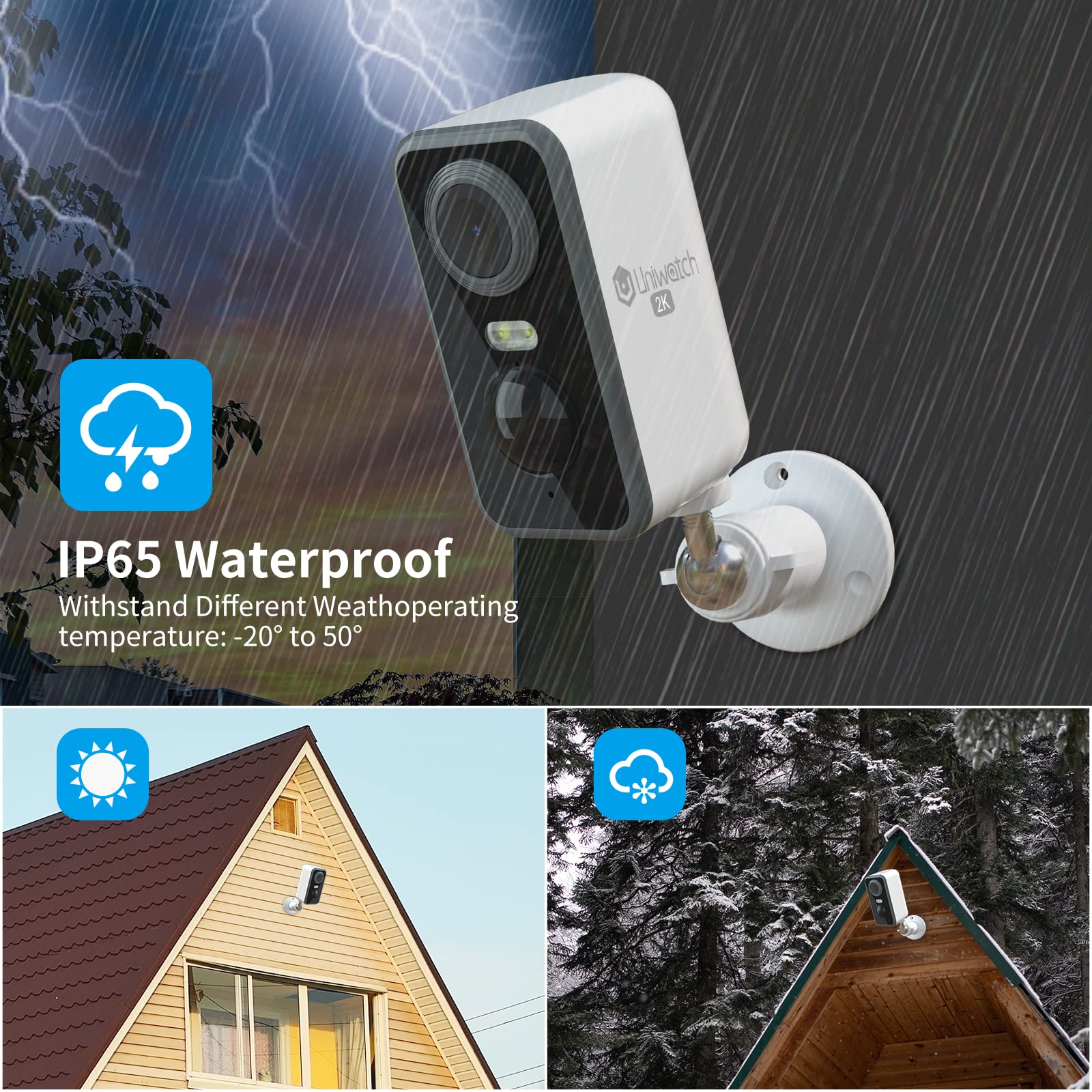 uniwatch Wireless Cameras Security Outdoor, 2K Battery Powered AI Motion Petection Spotlight Siren Alarm Home Surveillance Camera, 2-Way Audio, Color Night Vision, IP65 Waterproof, Cloud/SD Storage