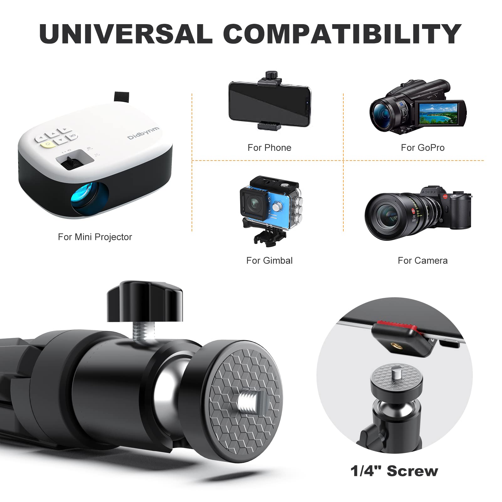 Mini Projector Tripod, Didbynm 6.3 Inch Compact Desktop Tripod Stand [Universal 1/4 Screw] [Ballhead] Pocket Tripods Stand for Mini Projector/Cameras Smooth 4, Osmo Mobile, Vimble 2