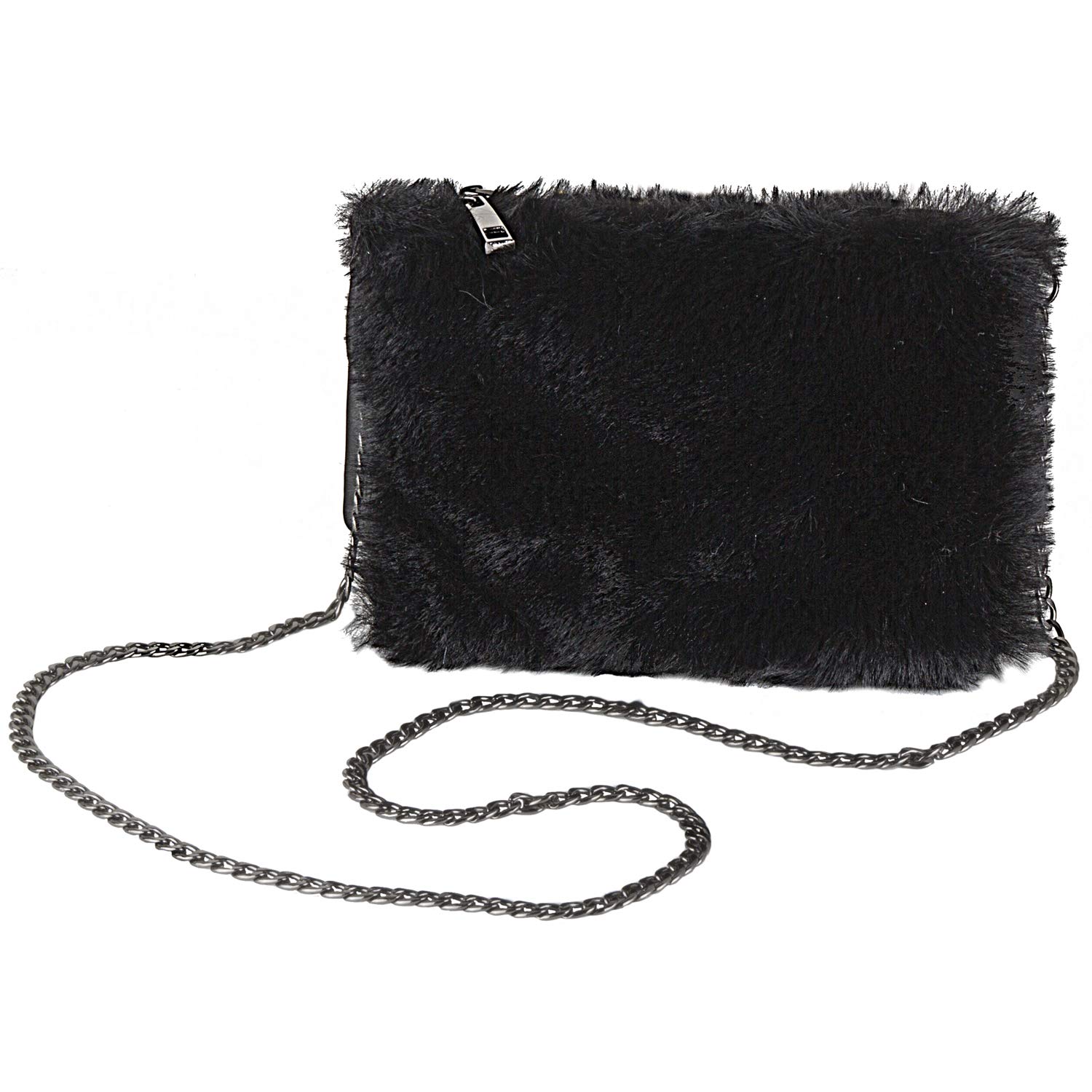 Luxe L 100% Faux Fur Clutch Handbag for Women Soft Modern Purse Wallet with 2-Zippered Compartments, Black
