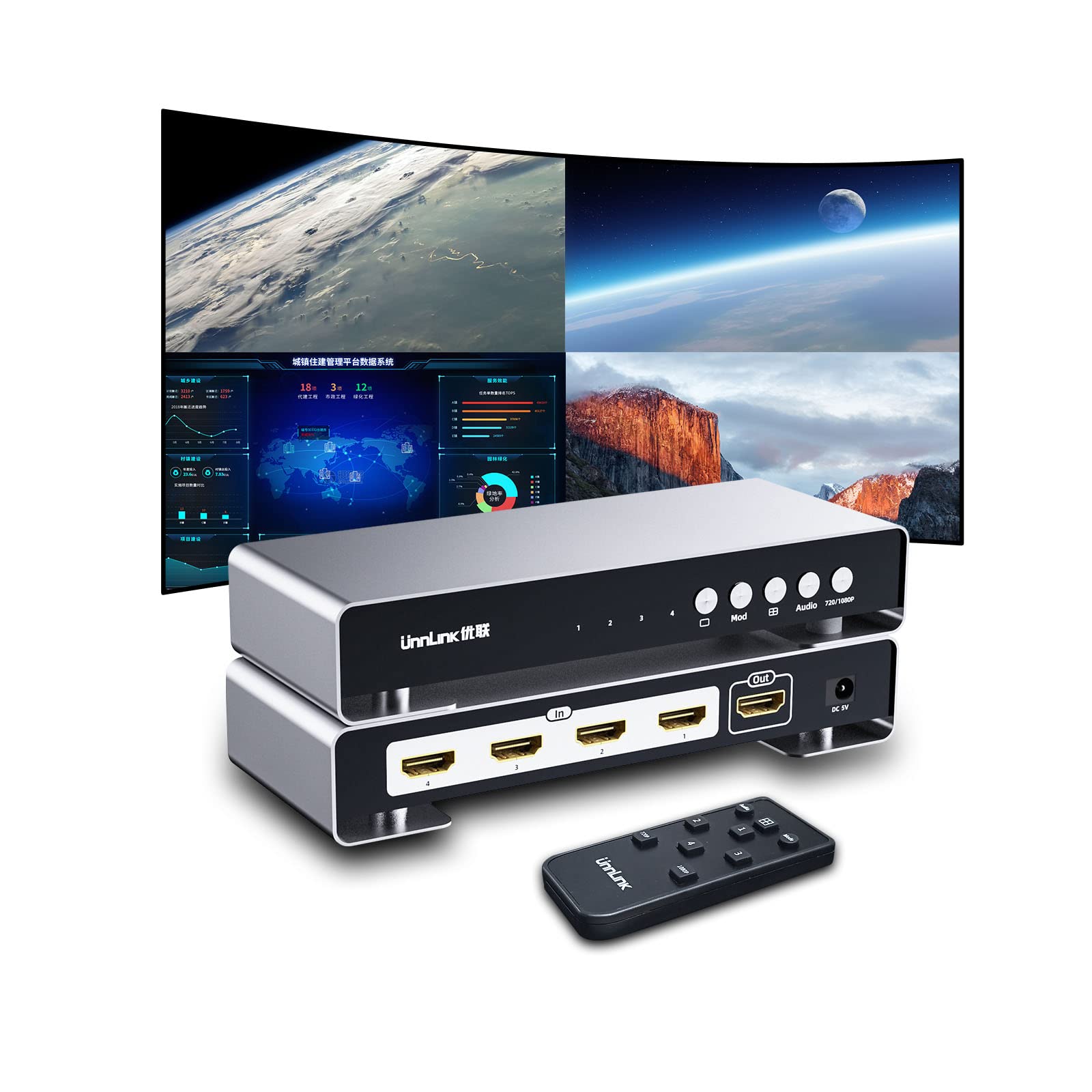 ÜnnLInk HDMI Multiviewer Switch 4x1, HDMI Quad Seamless Switcher/Screen Divider 4 in 1 Out with IR Remote Control, Support 1080P@60Hz & 6 Display Mode for Security Camera, Laptop, Gaming Consoles