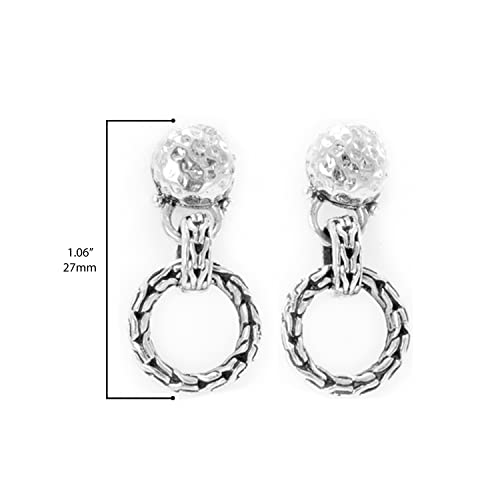 SARDA .925 Sterling Silver 1” Long Hammered and Chain Link Pattern Door Knocker Dangle Style Pushback Stud Earrings - Handmade by Bali Artisans