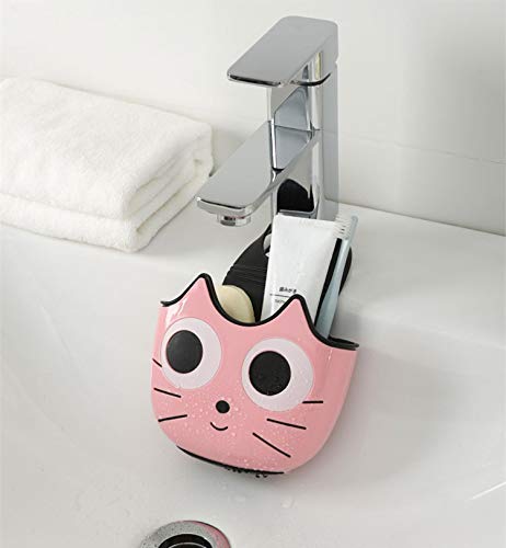 QTMY 2 PACK Cat Sponge Holder Basket with Buckle,Sink Faucet Caddy Hanging Drain Rack, Gadget Soap Brush Desk Pen Organizer for Kitchen Bathroom,Pink Blue