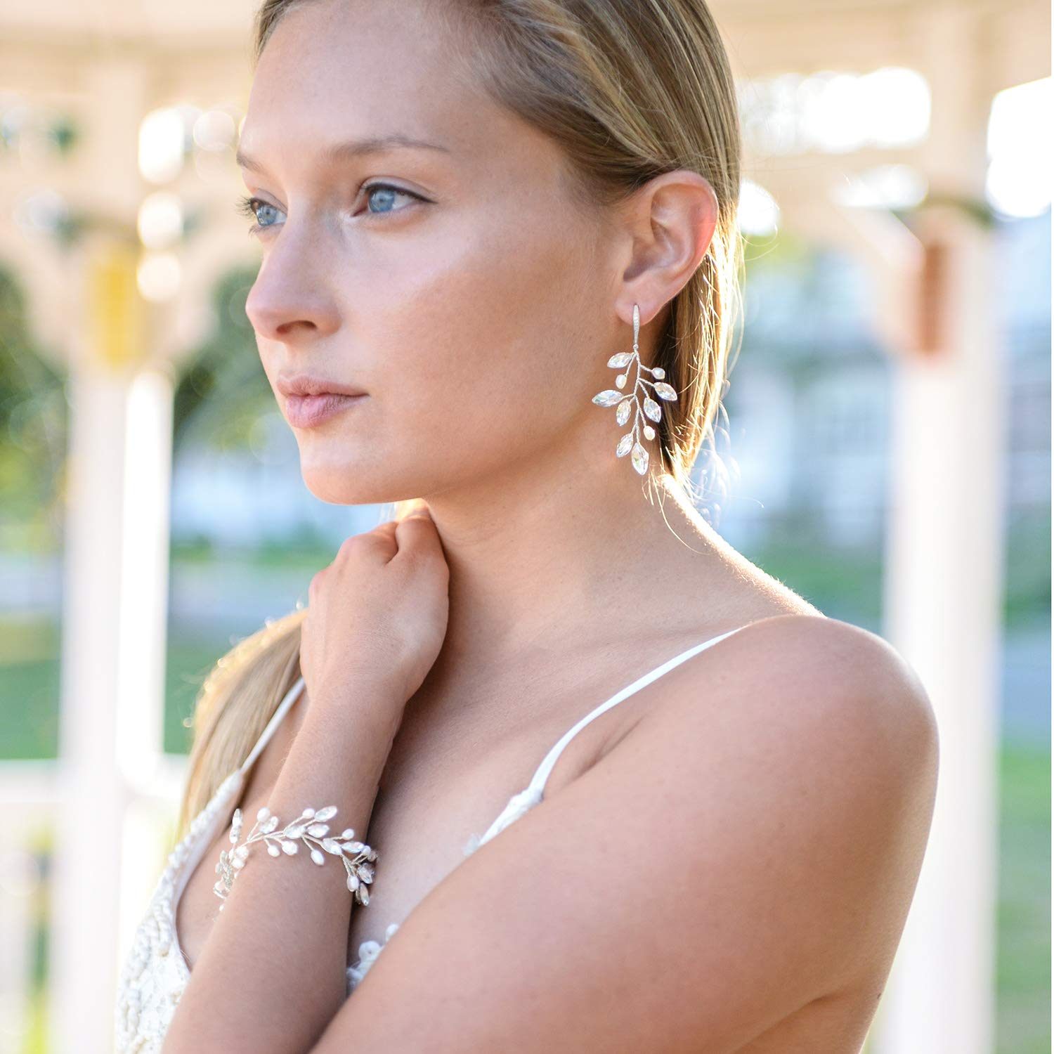 Mariell Bridal and Wedding Silver Handmade Dangle Earrings with Crystal Gems and Petite Freshwater Pearls