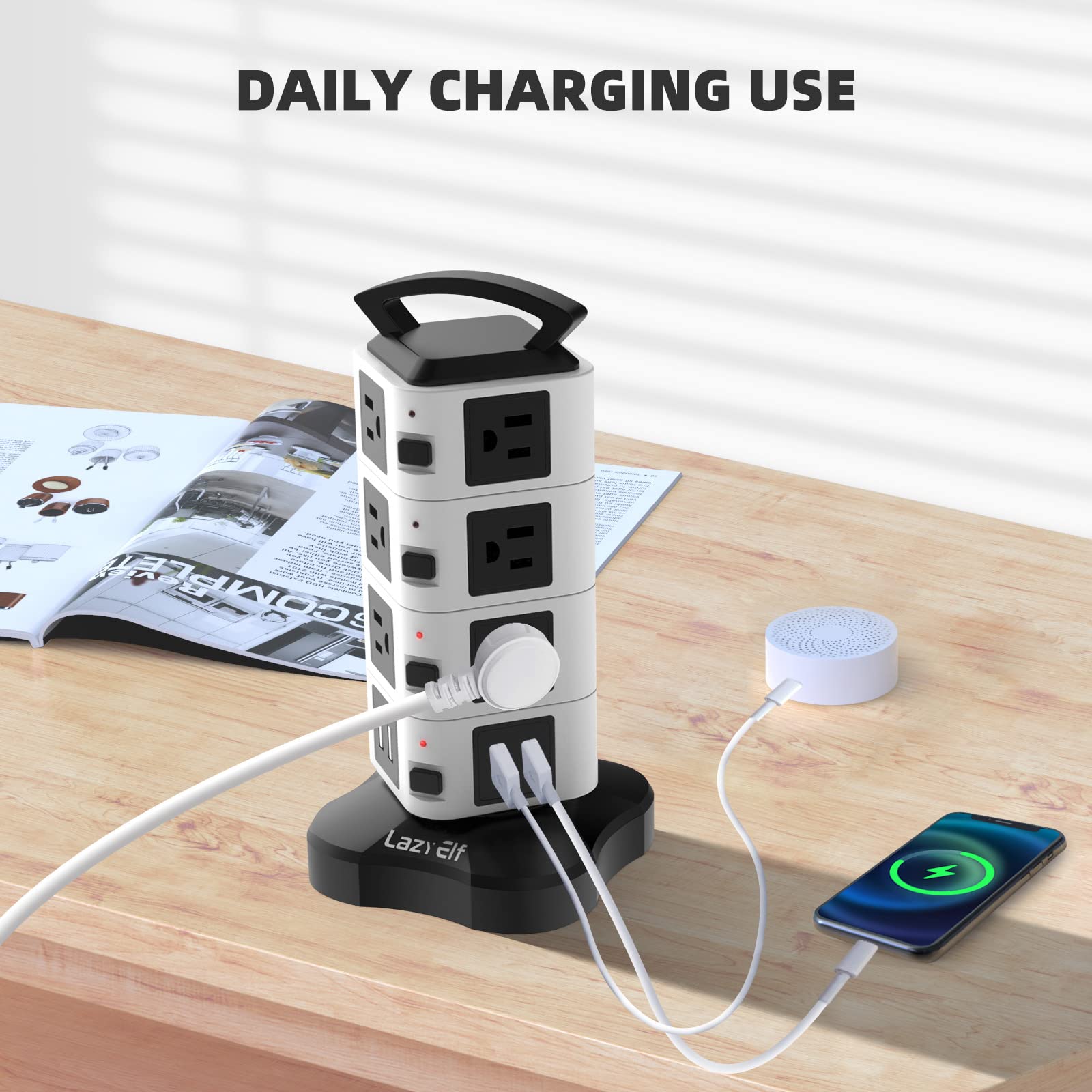 Surge Protector Power Strip Tower with Night Light, Lazy Elf Extension Cord 8 AC Multi Smart Plug Outlets with 4 USB Ports, Flat Plug Outlet (White)