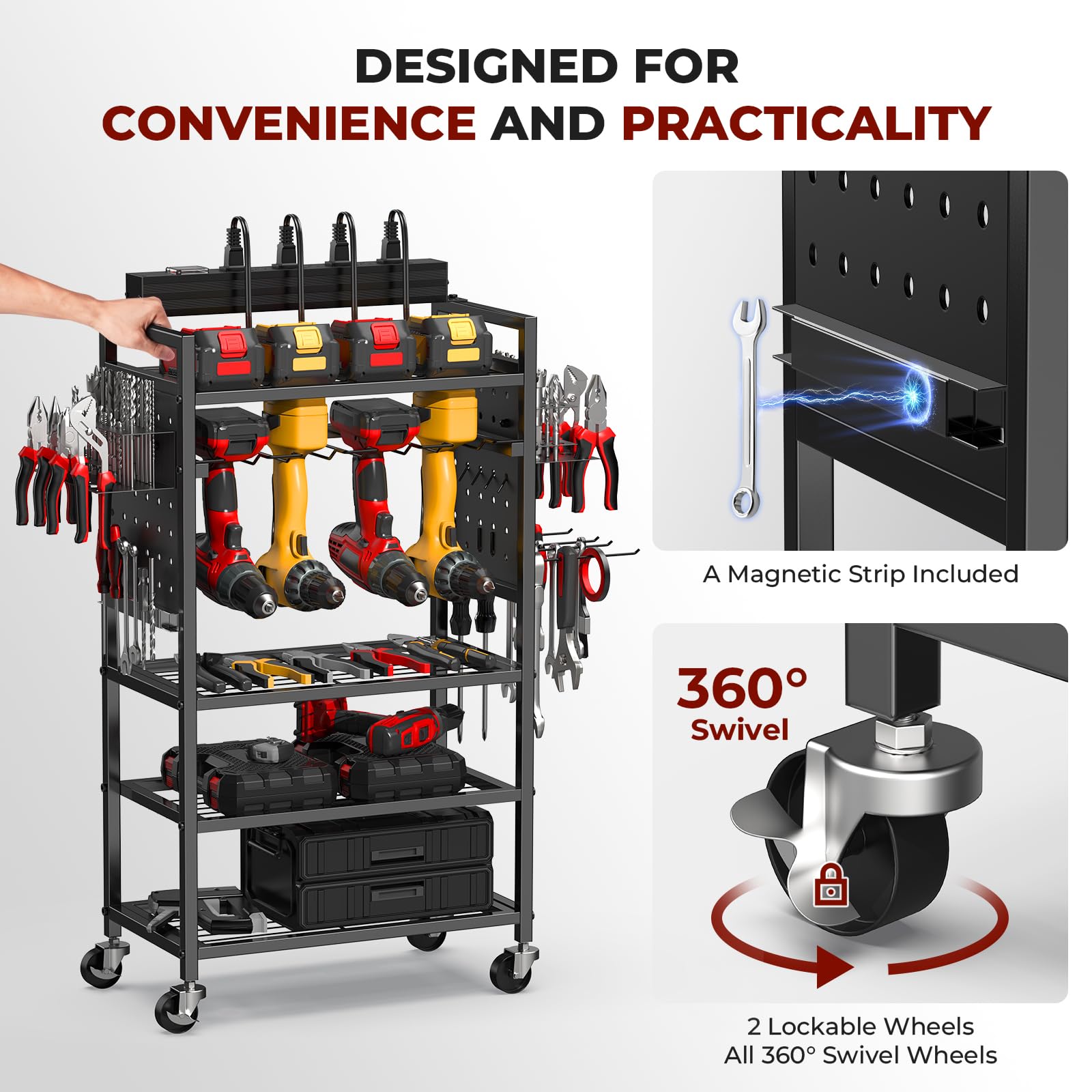 Zivanti Power Tool Organizer Cart, Sturdy Garage Tool Organizer Cart with Charging Station, 5-Tier Power Tool Charging Station for Tool Organizers and Storage, Drill Holder on Wheels