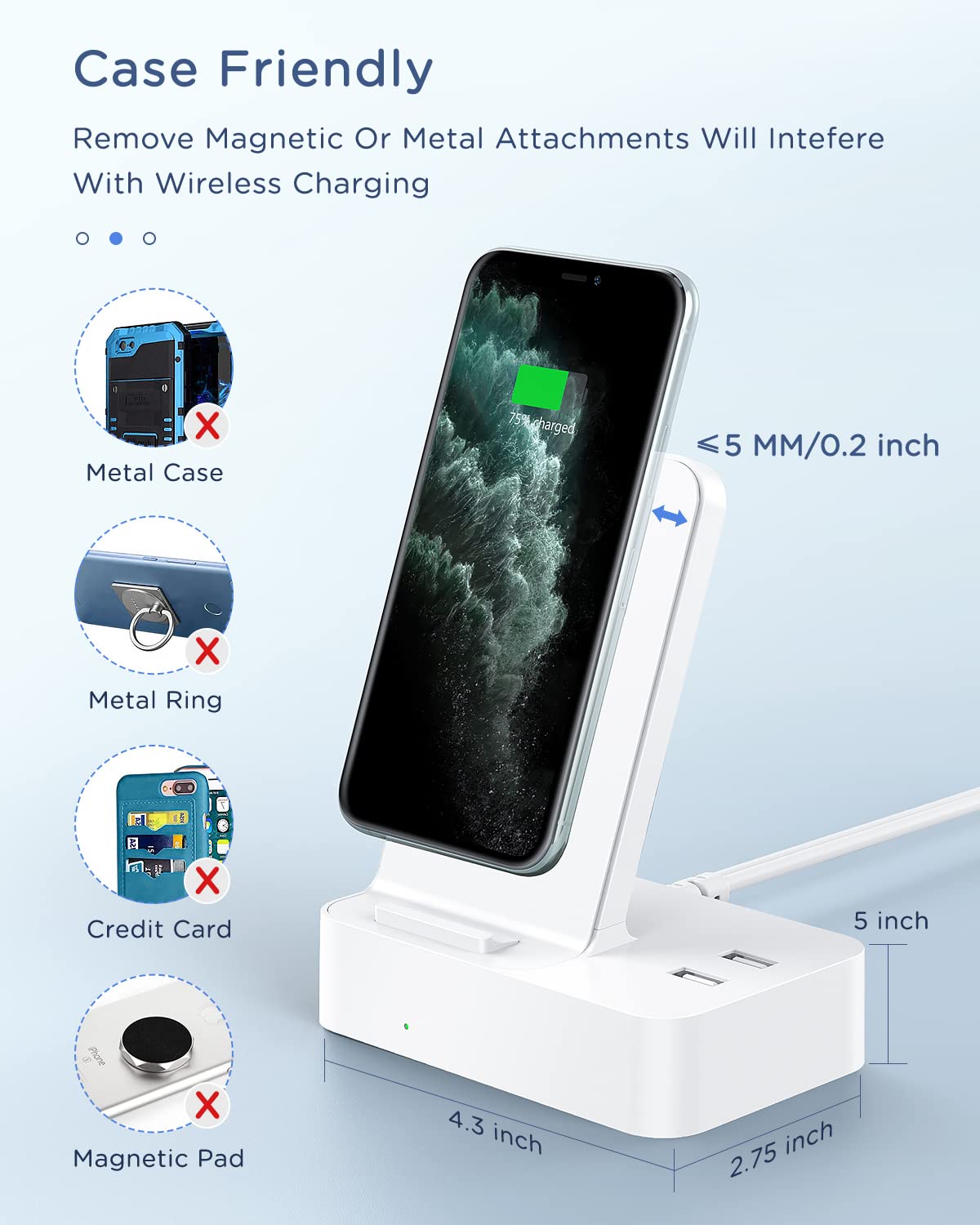 seenda Wireless Charger with 2 USB Ports - 3 in 1 Multi-Device Wireless Charging Stand Station Built-in AC Adapter, Compatible with iPhone SE2020, 11, XS Max, XR, X, 8 Plus, Galaxy, Note (White)