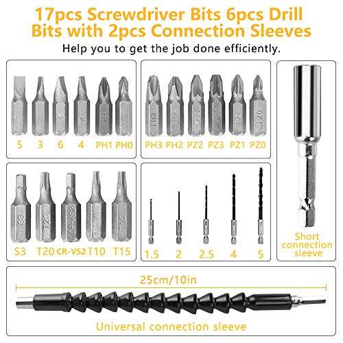 Mini Electric Screwdriver 3.5 N.m Rechargeable Cordless Drill Driver Kit with LED Light 17pcs Driver Bits 6pcs Drill Bits USB Charging Cable Designed for Household Use