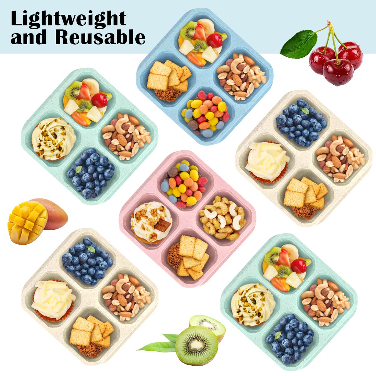 Korlon 6 Pack Snack Containers, 4 Compartments Snack Boxes for Kids, Wheat Straw Meal Prep Reusable Food Storage Lunch Containers for Adults & Kids
