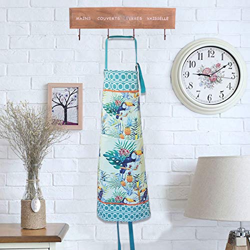 RED LMLDETA Adjustable Neck Strap Bib Apron 3 Pockets Extra Long Ties 100% Cotton Bird Printing Kitchen Men Women Chef Waiters Cooking Baking Barbecue BBQ Crafting Garden Christmas Gift (Bird flower)
