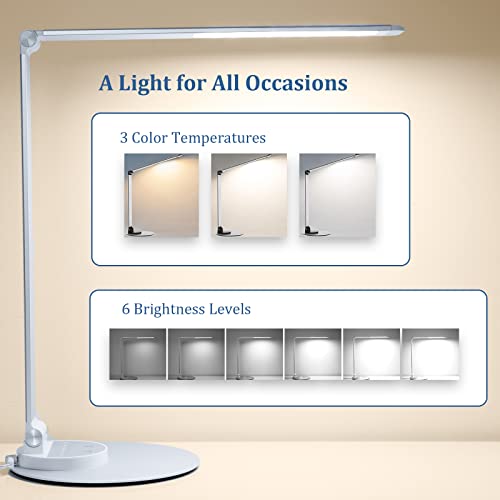 LED Desk Lamp, Dimmable Table Lamp Reading Lamp with USB Charging Port, 18 Lighting Modes,Memory Function, Sensitive Control, Aluminum Alloy Eye-Caring Office Lamp (Silver)
