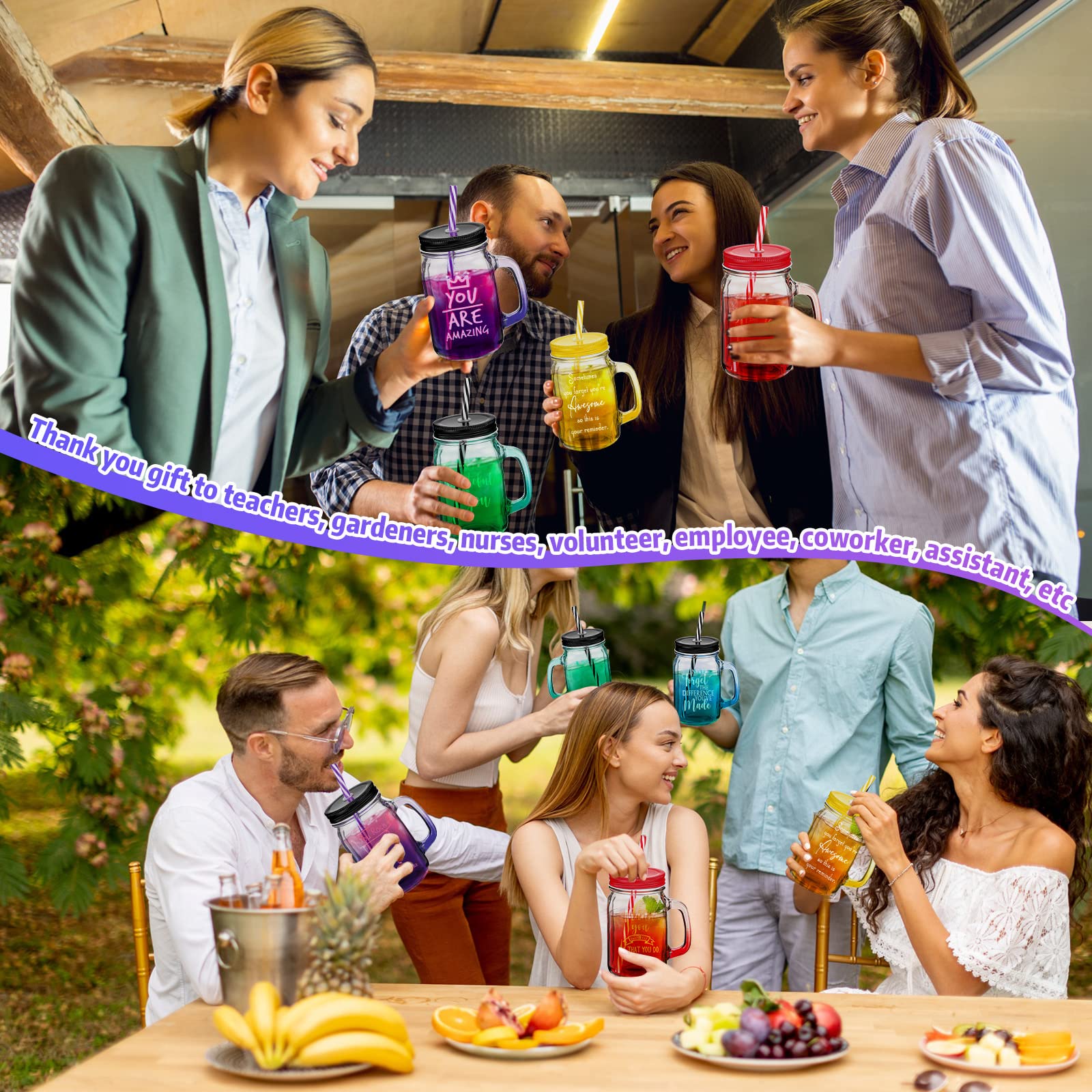 Meanplan Employee Appreciation Gift Bulk 16 oz Thank You Glass Cup with Handles Lids and Straws Mason Jar Mugs for Students Teacher Graduation Coworker Staff Nurse Work Team(Multicolor, 10 Pcs)