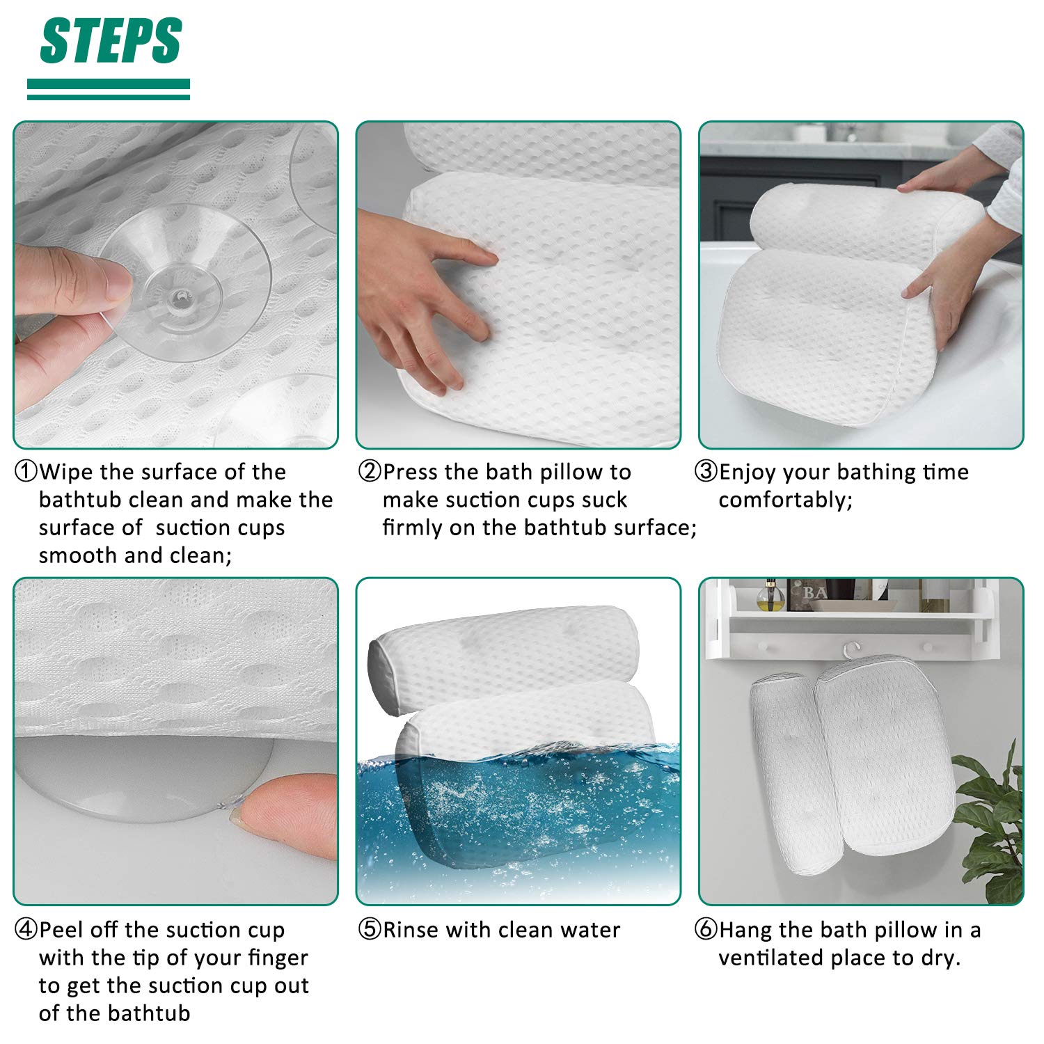 Luxury Bath Pillow, Non-Slip Upgraded Bathtub Pillow (8 Suction Cups), Enlarged Suction Cups with Stronger Suction, Upgraded 4D Tub Pillow, Better Neck and Back Support, Soft & Quick-Drying