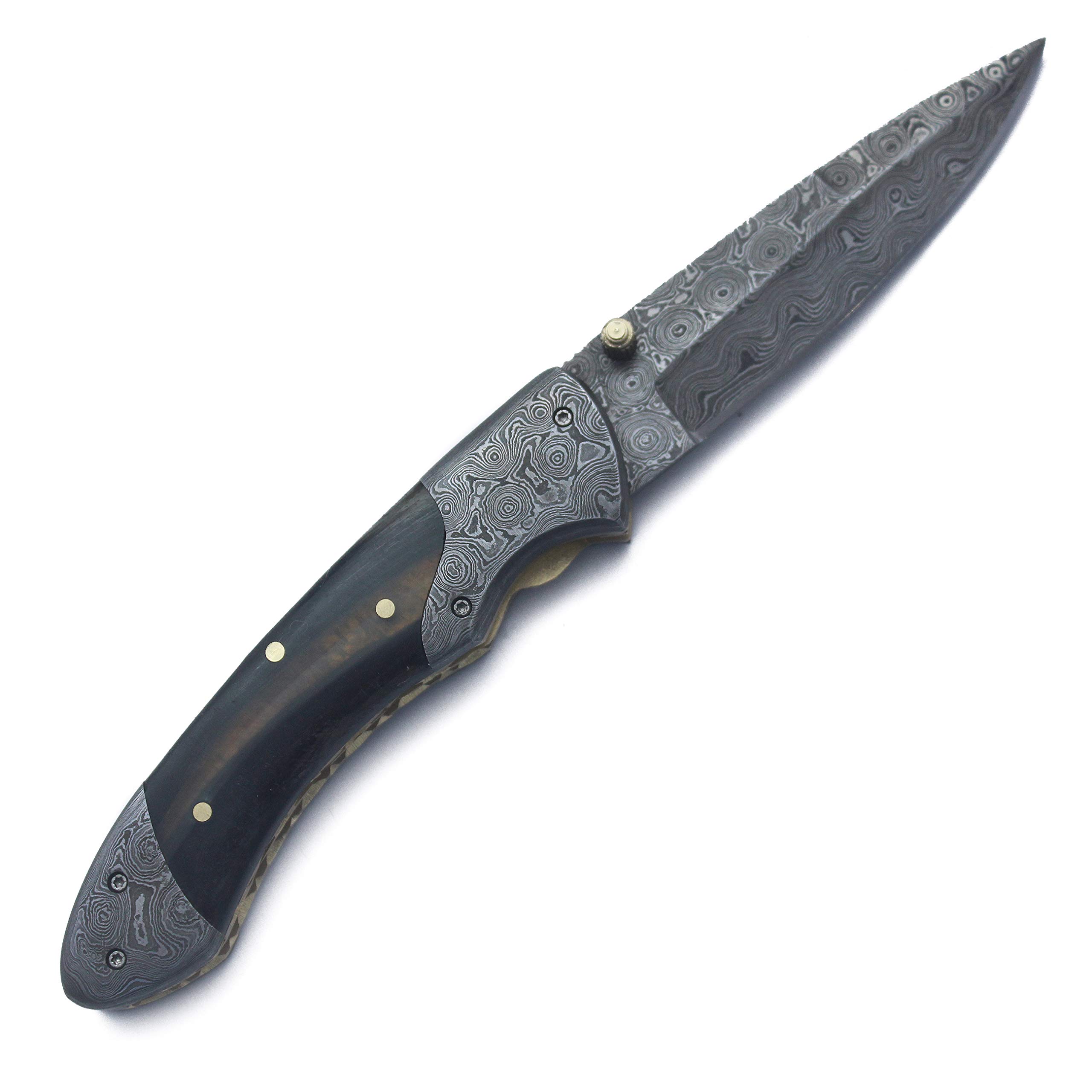 MAAN handmade Damascus Tactical Pocket Knife Sheep Horn Handle Damascus Steel Folding leather sheath Designed for hunting, survival gear & EDC MNK 302