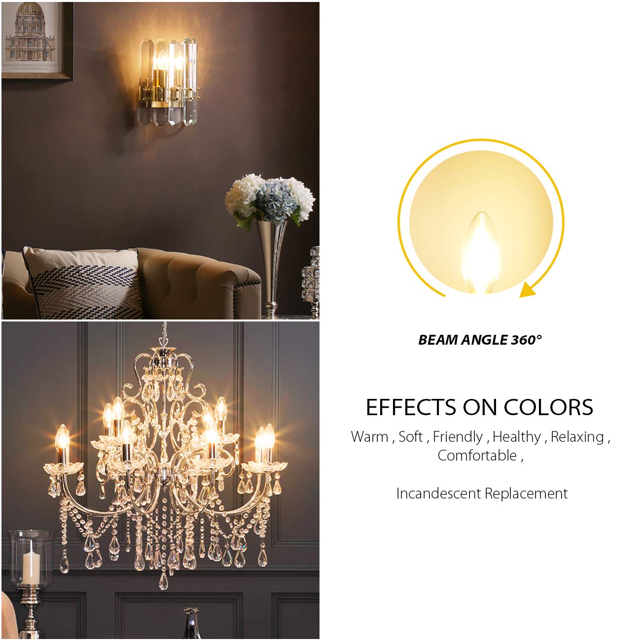 LVWIT B11 Filament Bulb E26 Base Non-Dimmable 6W(60W Equivalent) 2700K Warm White Chandelier Decorative Candle Light Bulb 6 Pack