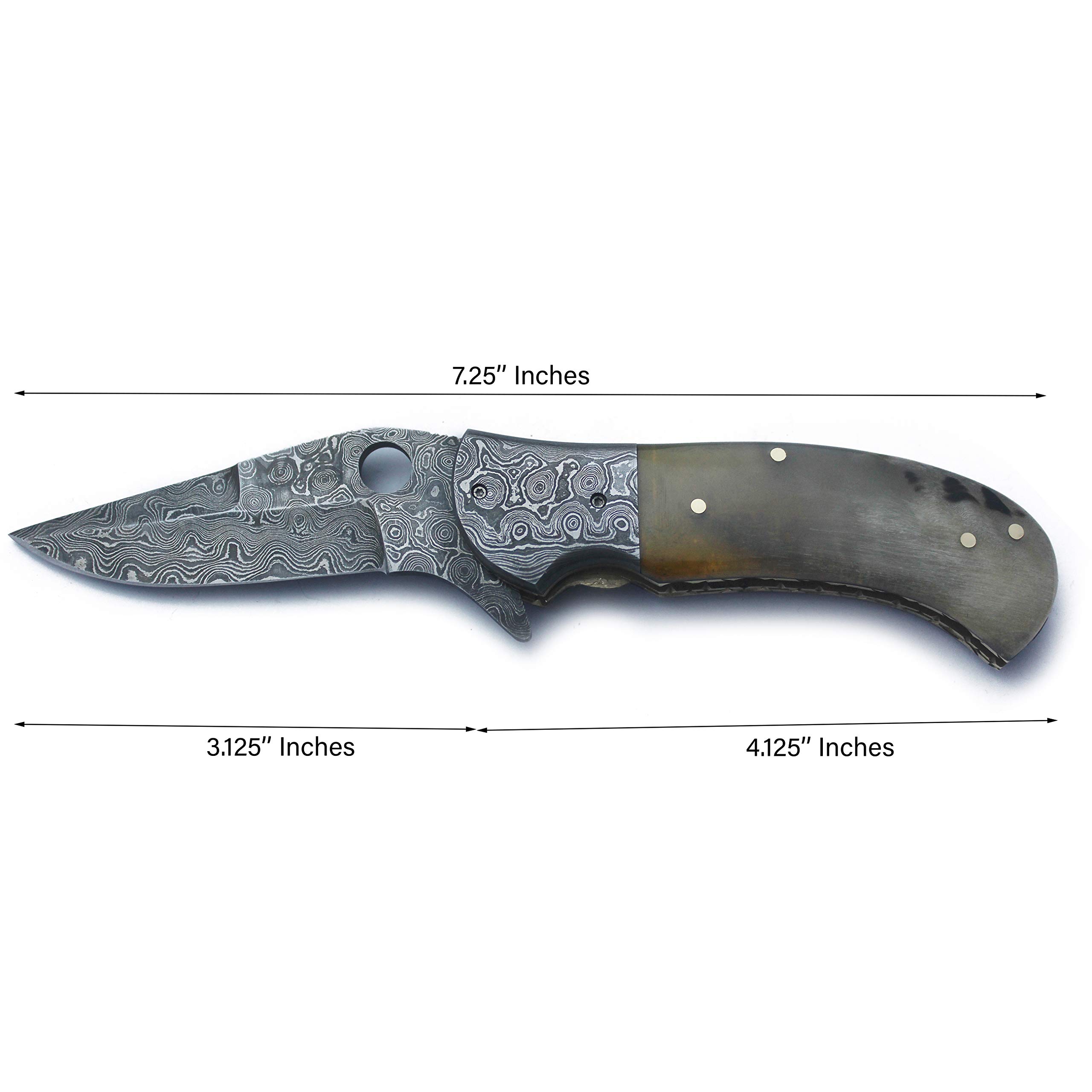 MAAN Handmade Damascus Tactical Folding Pocket Knife Sheep Horn Handle Damascus Steel with leather sheath for hunting, survival gear & EDC MNK 301