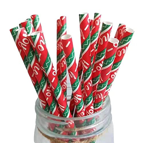 Sene Christmas Paper Straws 100-Pack, 7.75 Inches, Stripe Paper Straws, Red, Green, Bulk, Snow, Christmas Paper Straws, Thanksgiving Christmas Holiday Gift