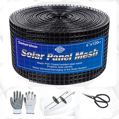 Senershuo 6in X 120ft Solar Panels Mesh for Bird.Solar Panels Bird proofing,Pest Barrie .60 Fastener Clips,Black PVC Coated Steel Solar Panel Fencing