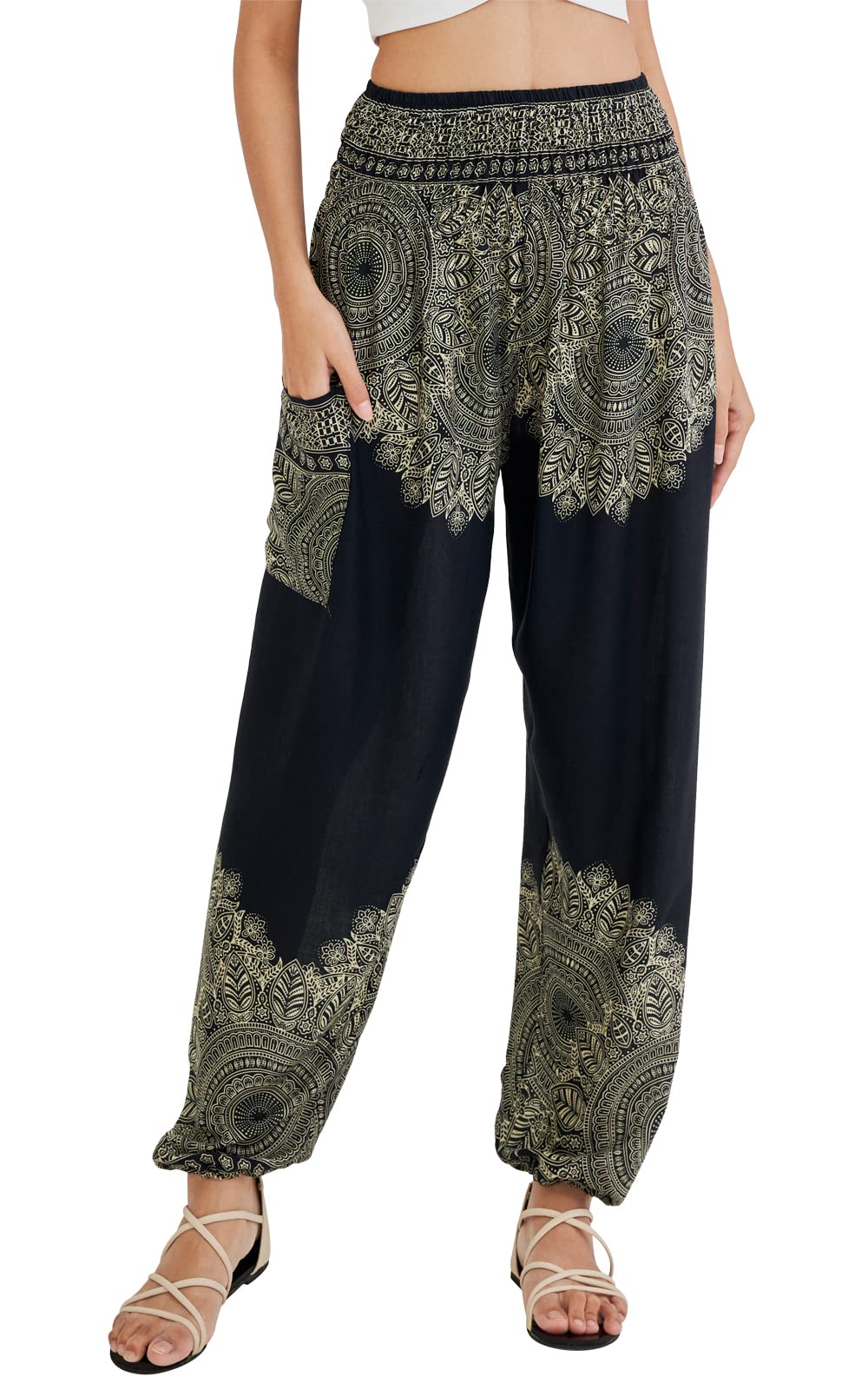 Joob Joob Boho Pants for Women - Hippie Harem Pants Women - Womens Yoga Pants – Comfy Bohemian Flowy Hippie Clothes - Black Medium
