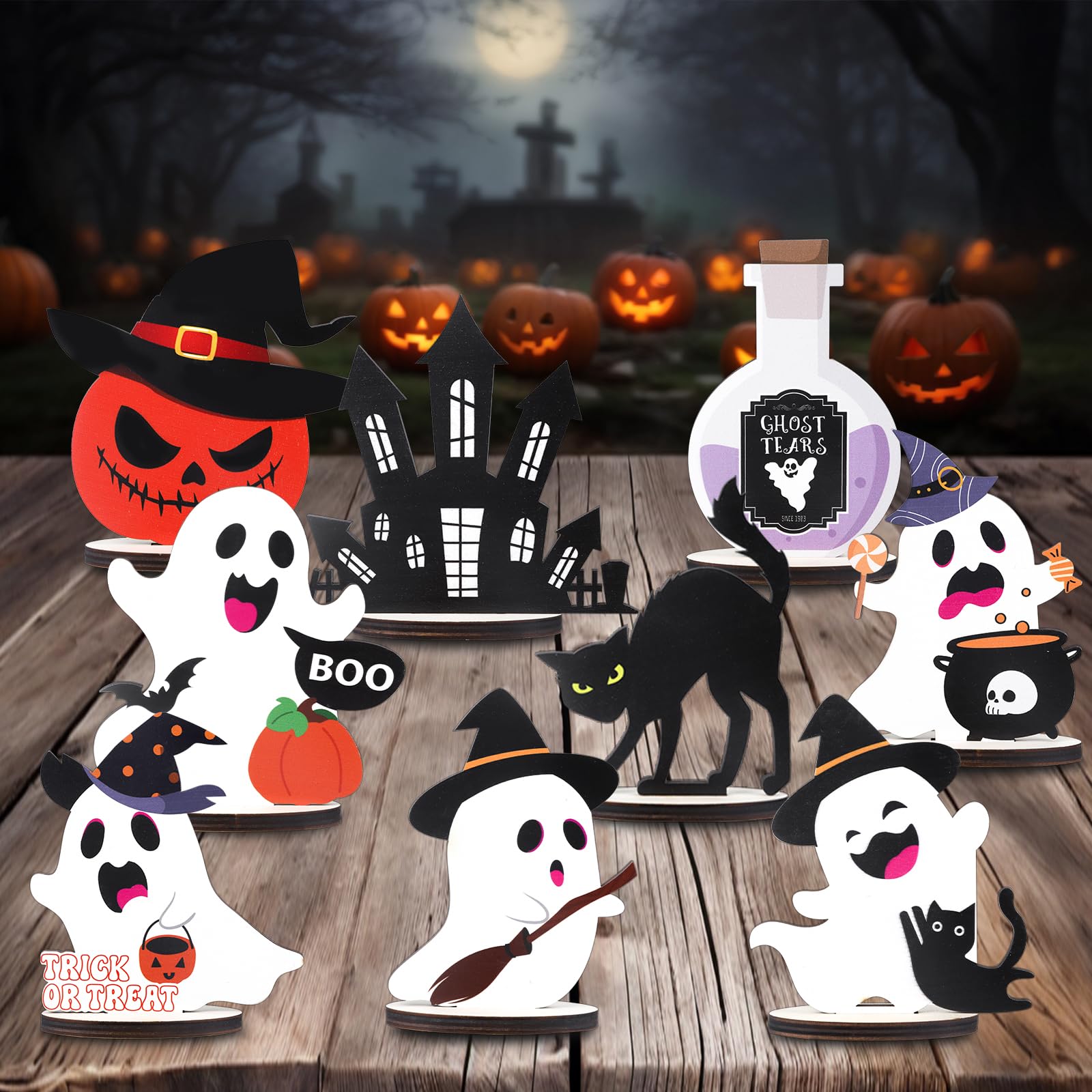 Wooden Halloween Table Sign Decorations - Refavor 9PCS Cute Ghost Halloween Centerpieces for Table Pumpkin Black Cat Desk Decor Halloween Decorations Indoor Party Baby Shower Tray Decor Office Home