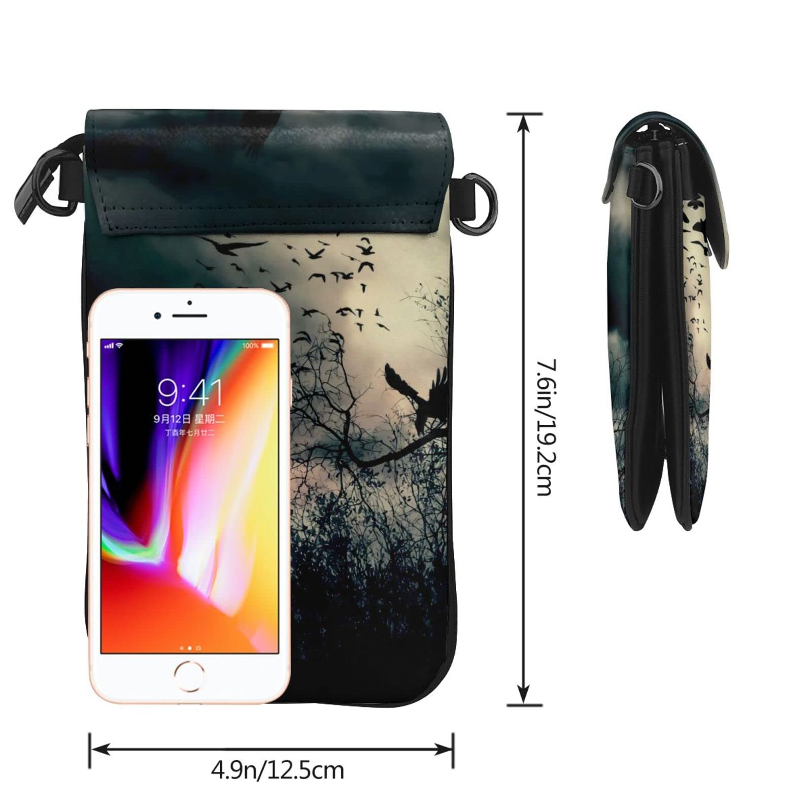 Small Night Crow Cell Phone Purse For Women Lightweight Crossbody Bags,Women Pu Leather Multicolor Handbag With Adjustable Strap.